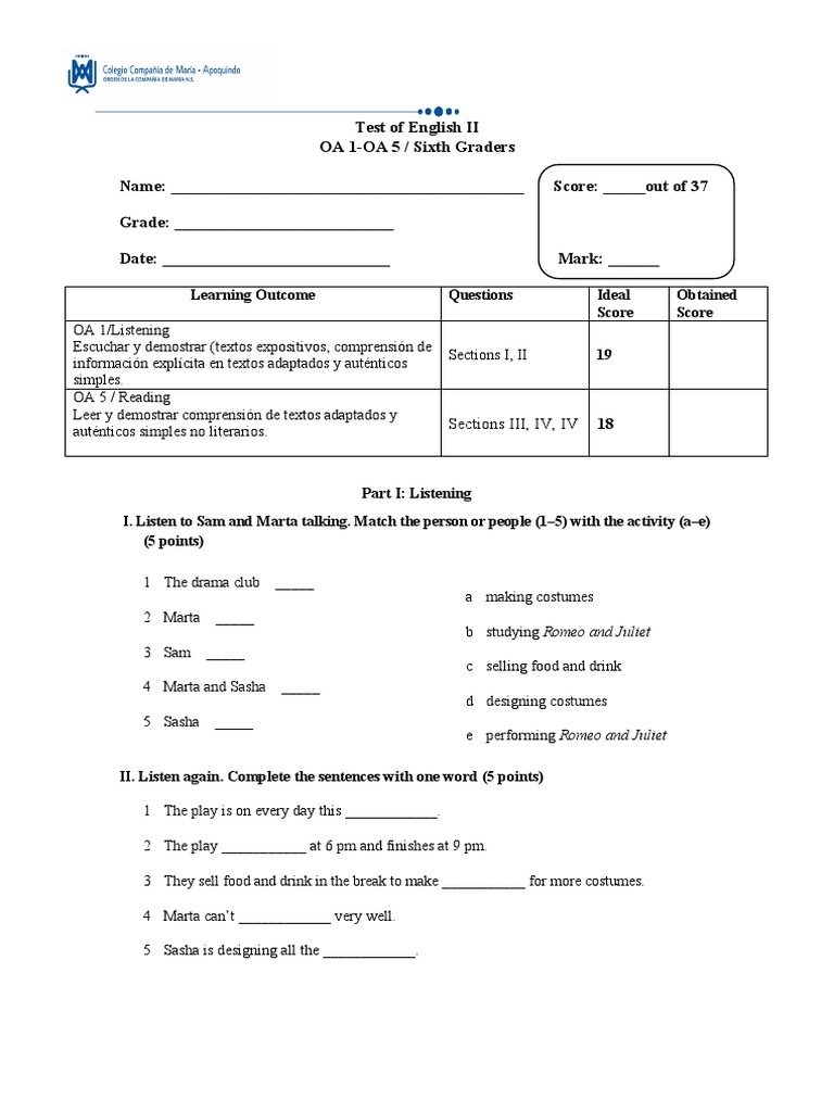 Sixth Graders - Test of English II | PDF | Language Arts & Discipline
