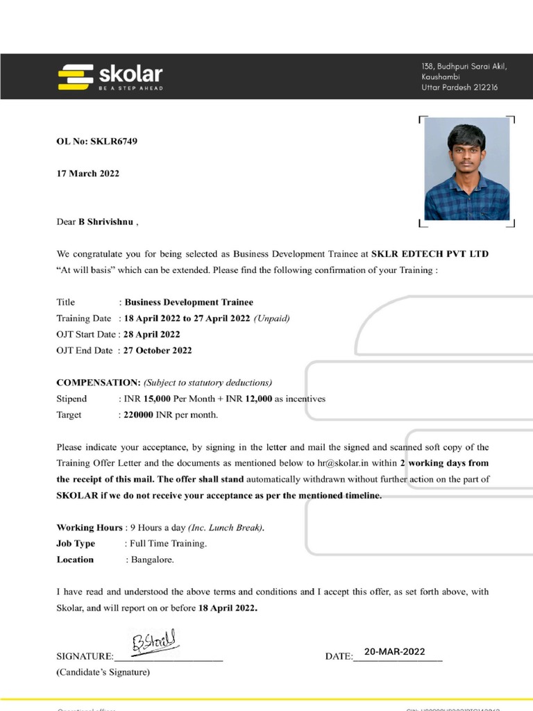 Skolar Offer Letter B Shrivishnu PDF | PDF