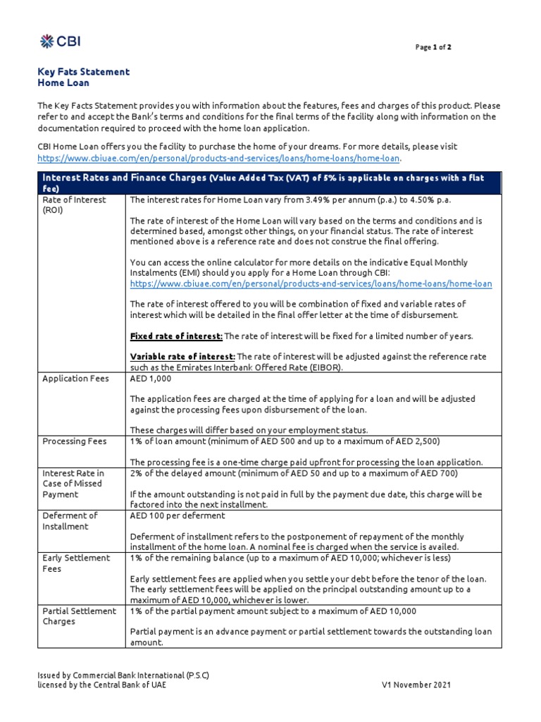 Key Facts Statement Home Loan | PDF | Loans | Interest