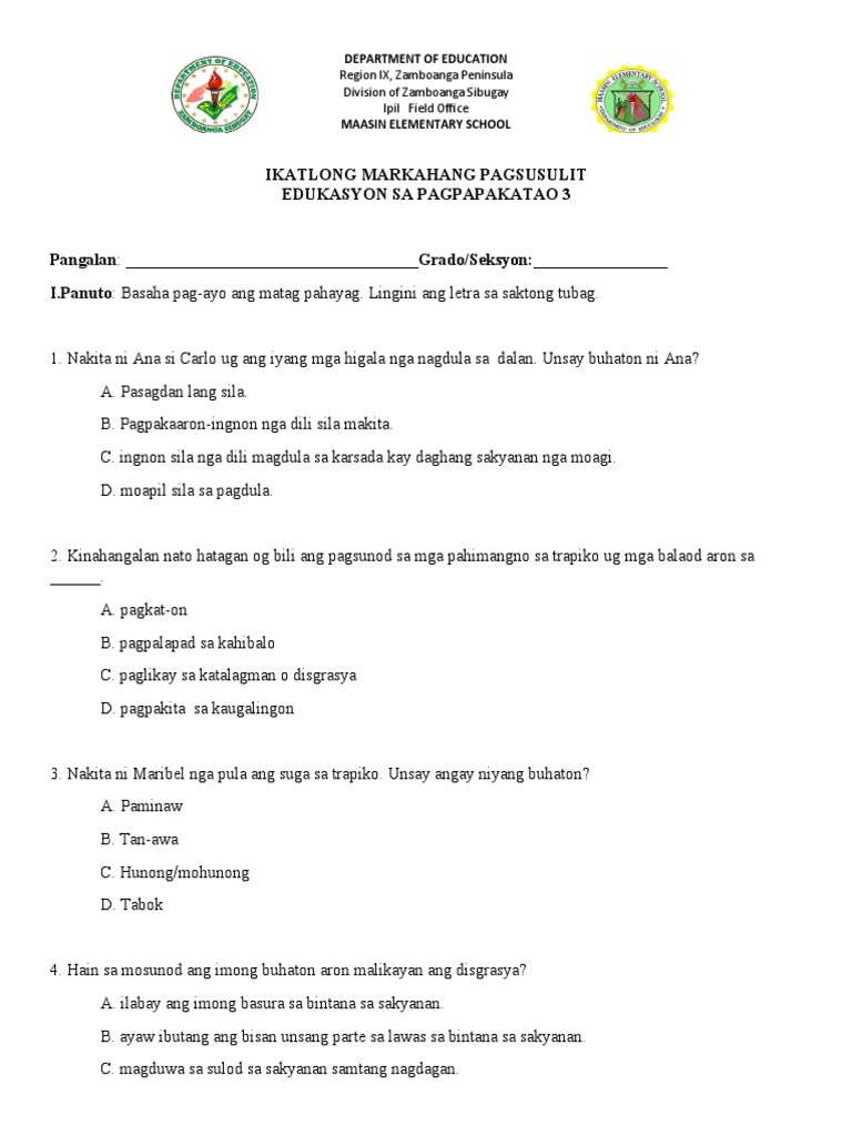 3rd Quarter Exam in ESP Final | PDF