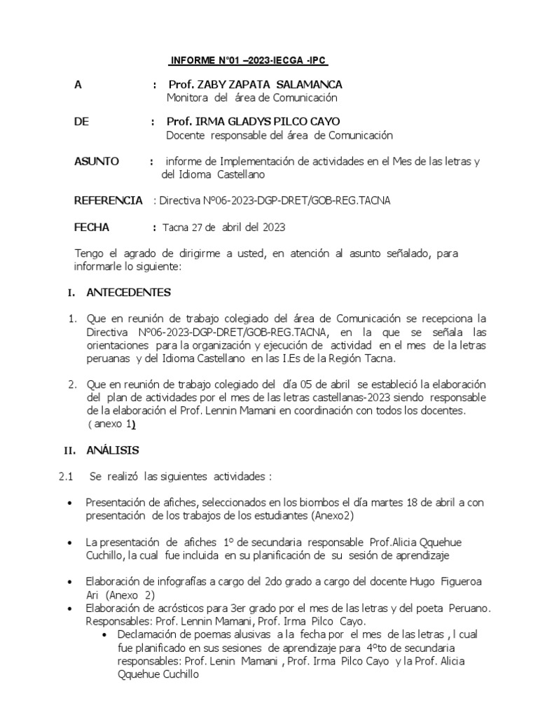 Informe N01 Mes de Las Letras | PDF | Maestros | Ciencia cognitiva