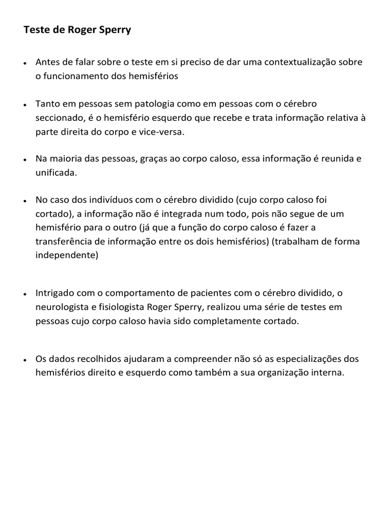 Teste de Roger Sperry e Hemisférios Cerebrais | PDF | Cérebro | Informação