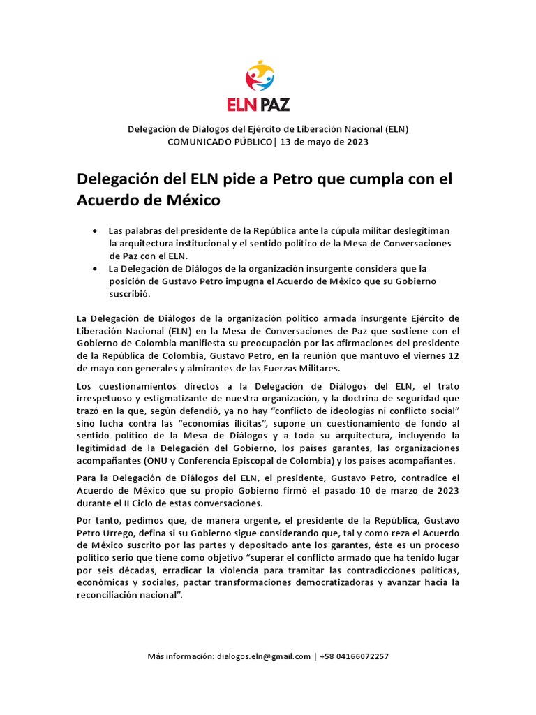 Comunicado Delegación Negociadora Del ELN | PDF