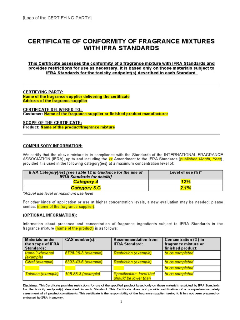 Certificate of Conformity To Ifra Standards Template December 12 2019 ...