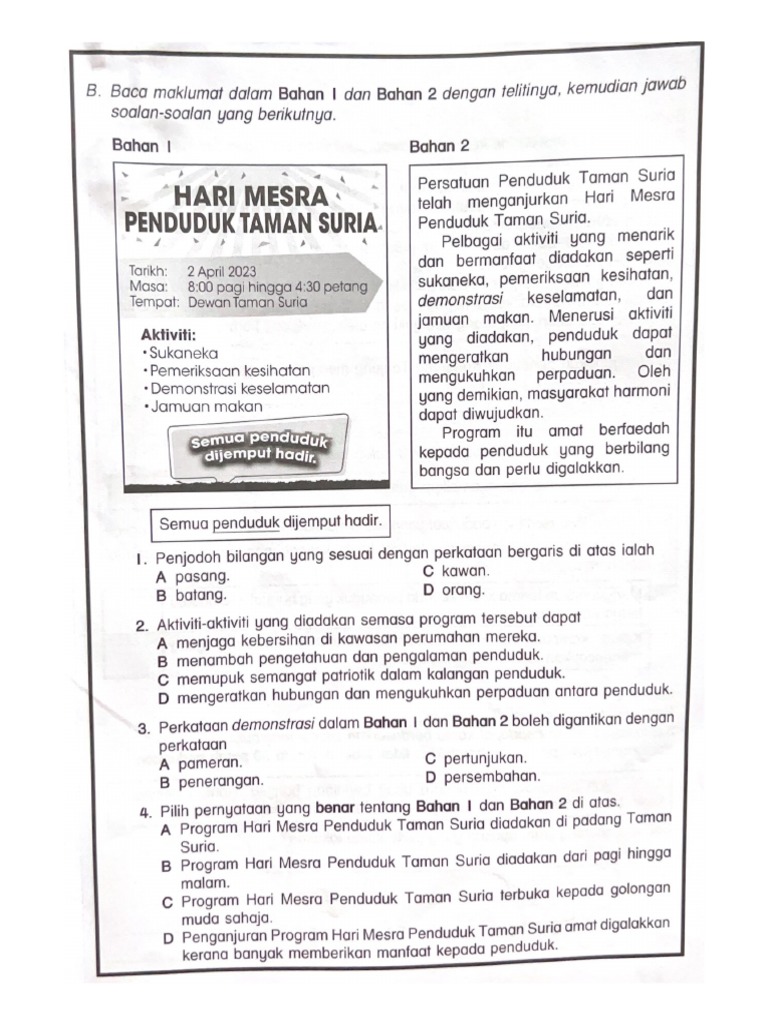 B. Baca Maklumat Dalam Bahan I Dan Bahan 2 Dengan Telitinya, Kemudian Jawab 2 | PDF