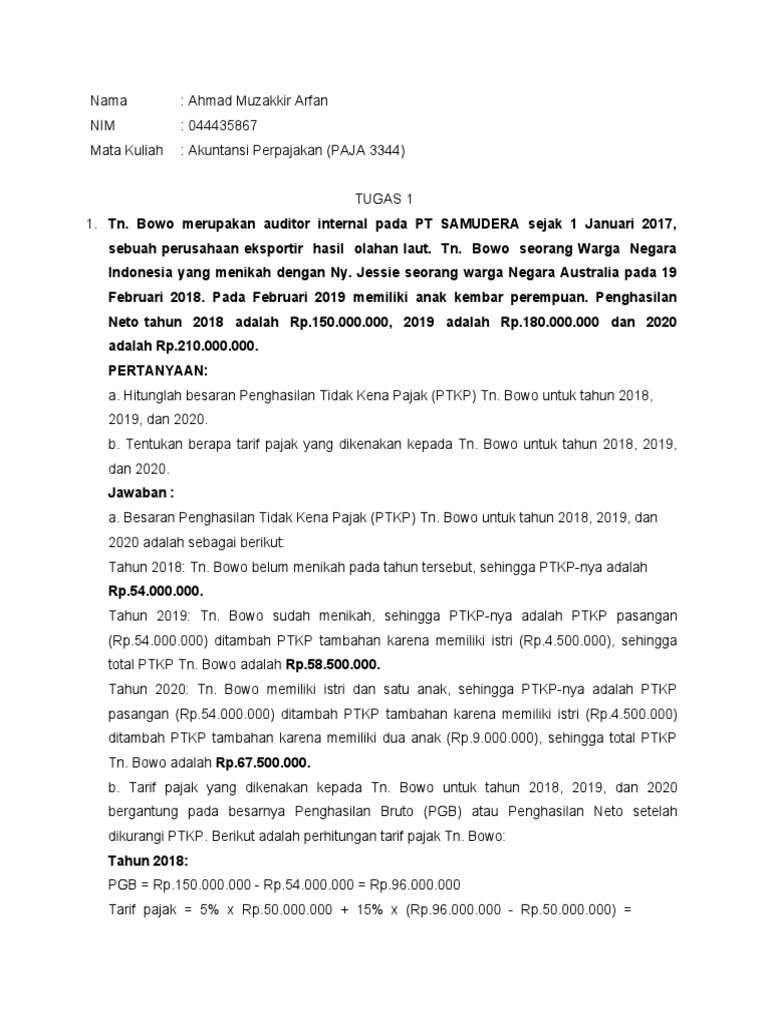Tugas 1 - Akuntansi Perpajakan - Ahmad Muzakkir Arfan | PDF
