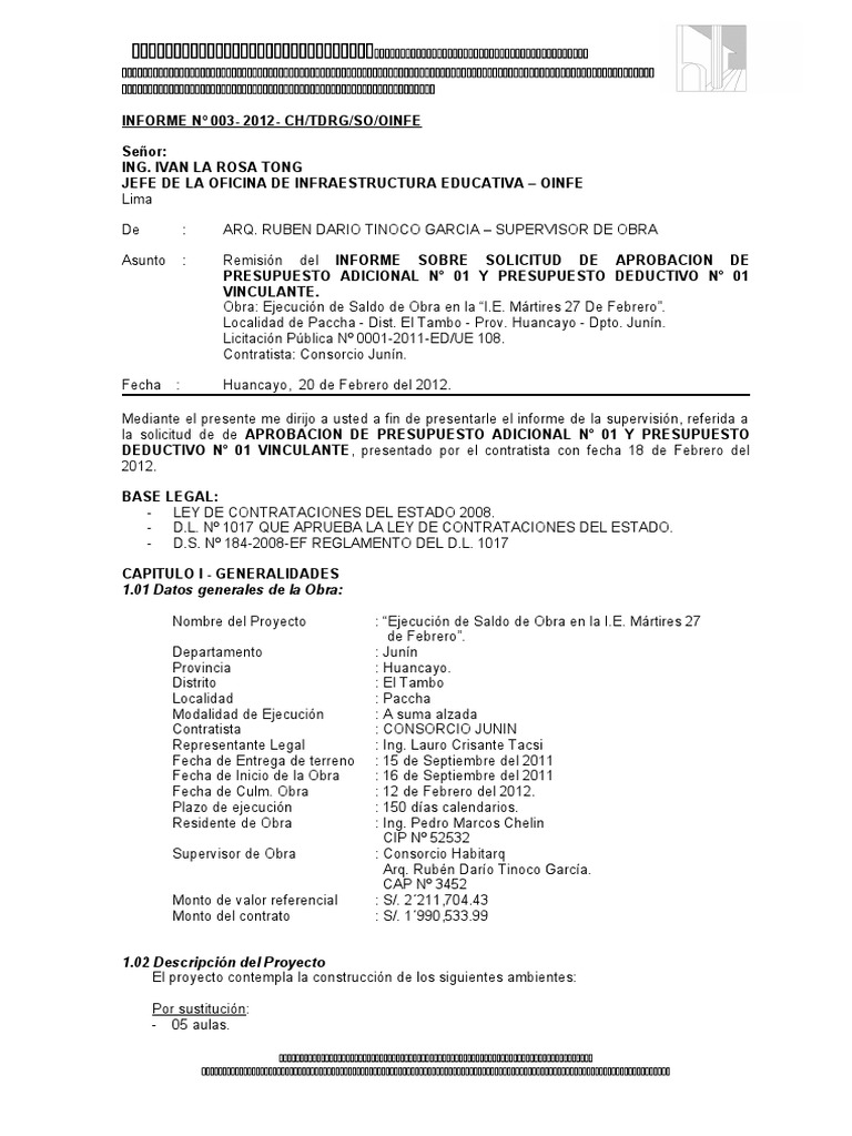 Informe Supervision - Adicional-Deductivo de Obra | PDF