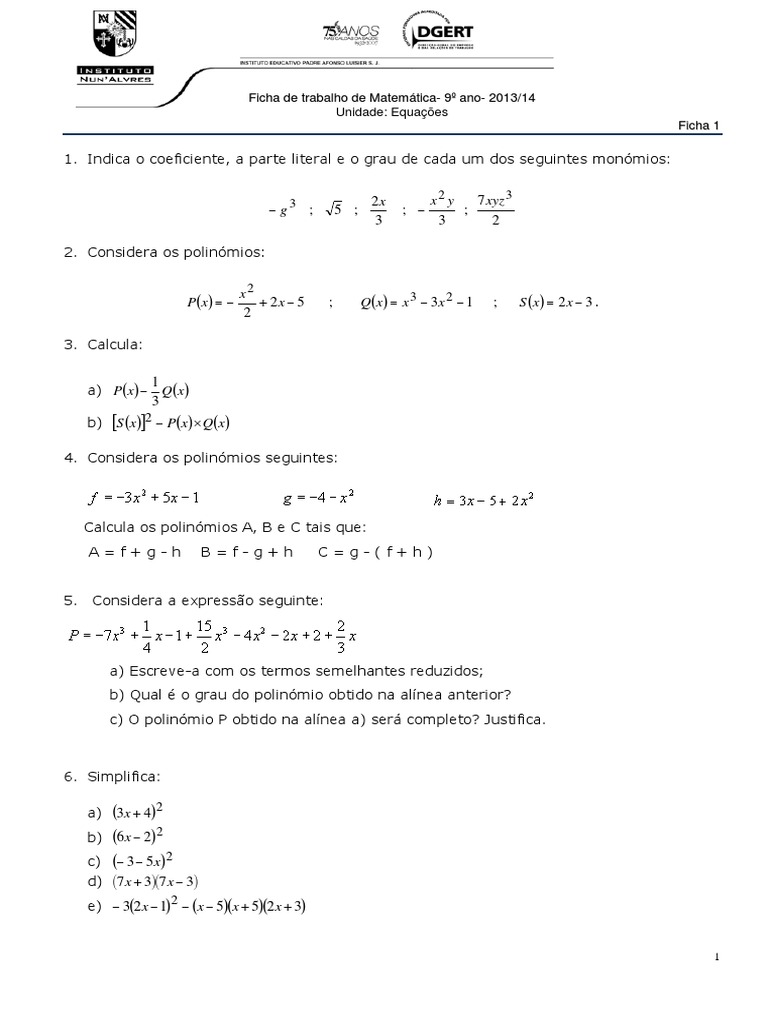 Equacoes Ficha de Trabalho | Download grátis PDF | Matemática | Álgebra