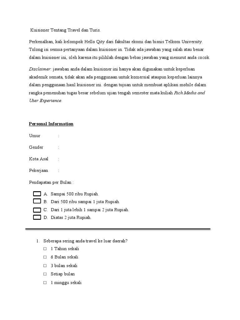 Kuisioner Tentang Travel Dan Turis | PDF | Karier & Perkembangan