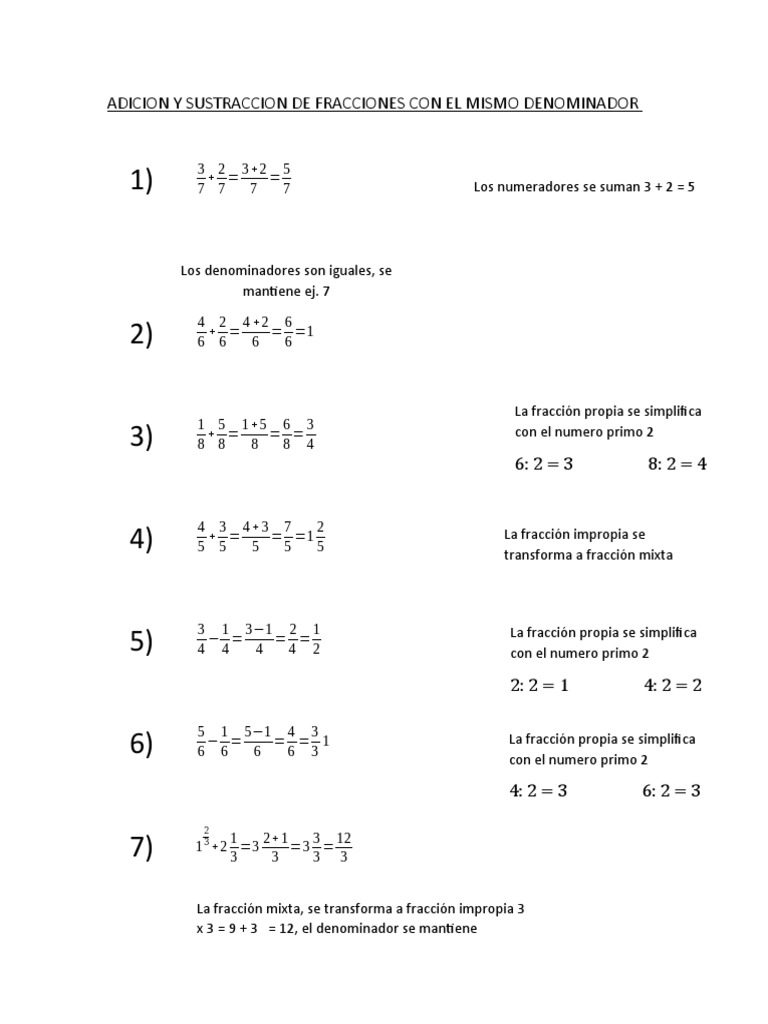 Adicion y Sustraccion de Fracciones Con El Mismo Denominador | PDF