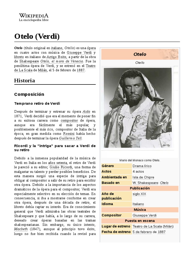 Ópera Otelo de Verdi: Sinopsis y Estreno | PDF
