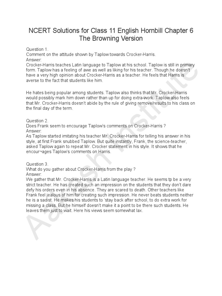 NCERT Solutions For Class 11 English Hornbill Chapter 6 The Browning Version | PDF