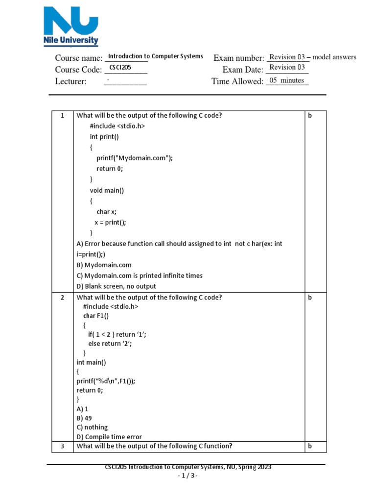 CSCI205 Exam Model Answers | PDF | Control Flow | Computer Engineering