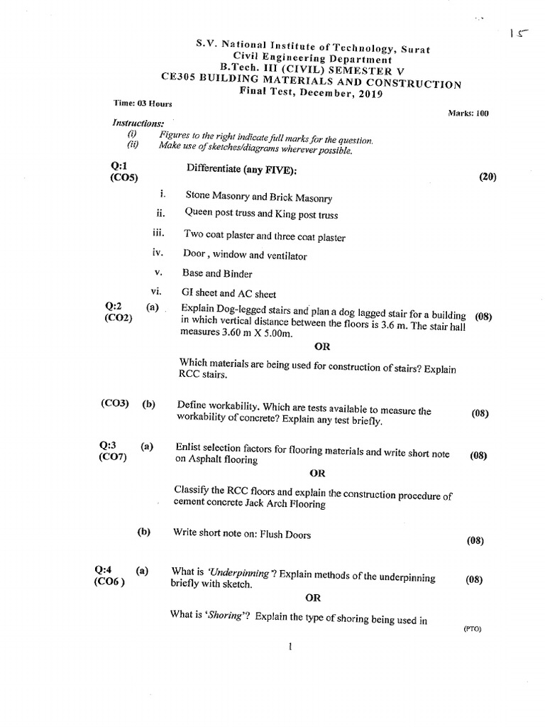 B.Tech 3 - Sem 5 - CE305 Building Materials and Contruction - End Sem - Dec 2019 | PDF