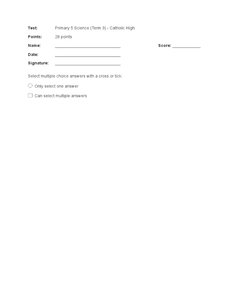 Primary 5 Science Test: Multiple Choice Questions on Respiration ...