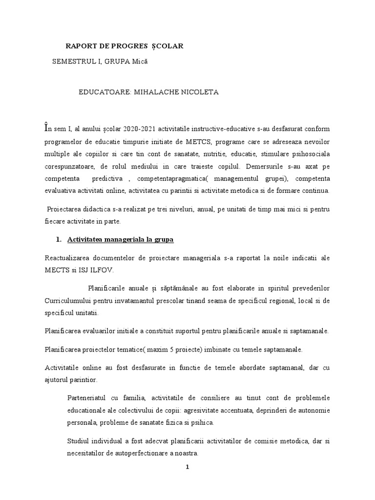 Raport de Progres Prescolar | PDF