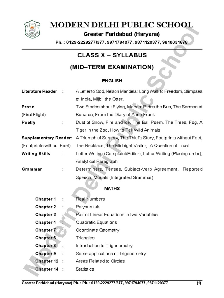 Syllabus Class X (Mid Term Examination) | PDF