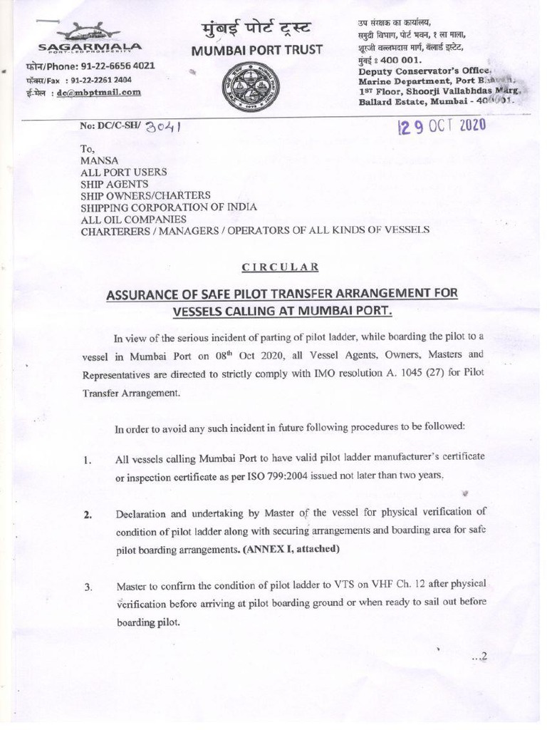 Mumbai Port Circular Regarding Pilot Ladder Certification Requirement | PDF