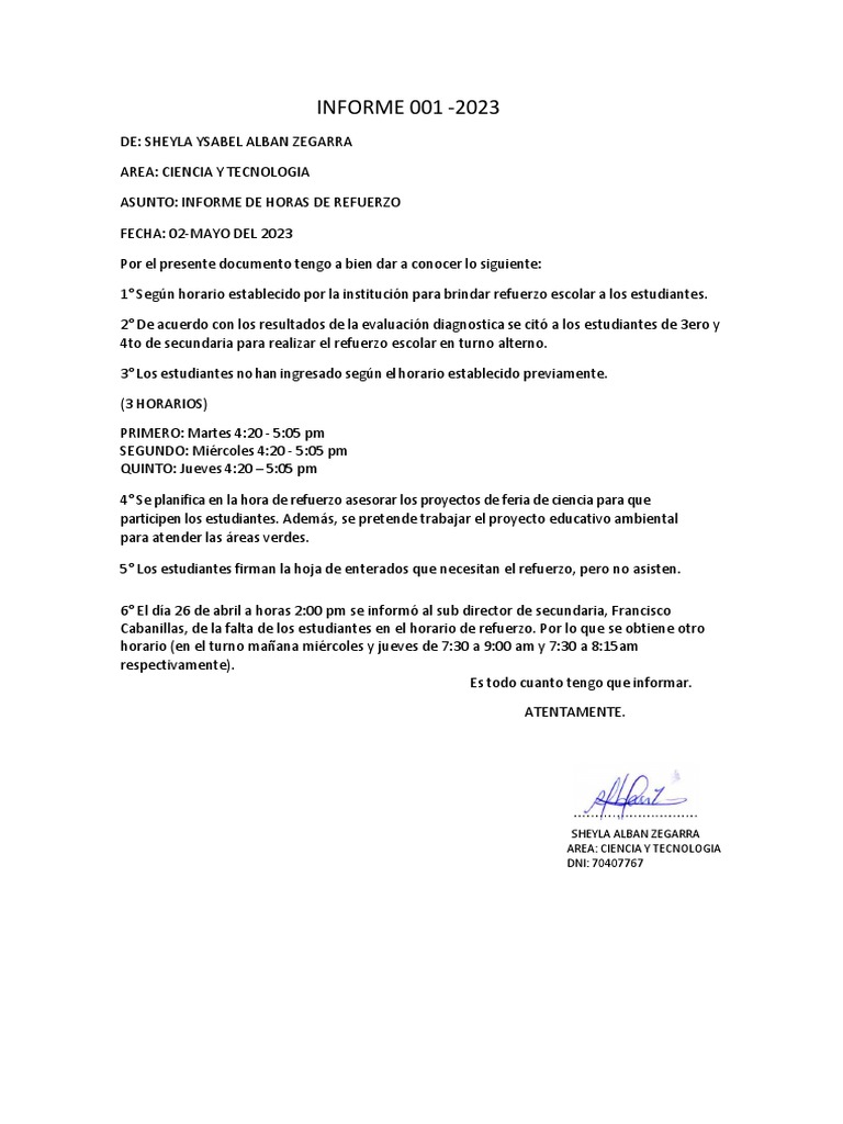 Informe Reforzamiento - Alban Zegarra, Sheyla - 3ero Yv 4to - 2023 | PDF