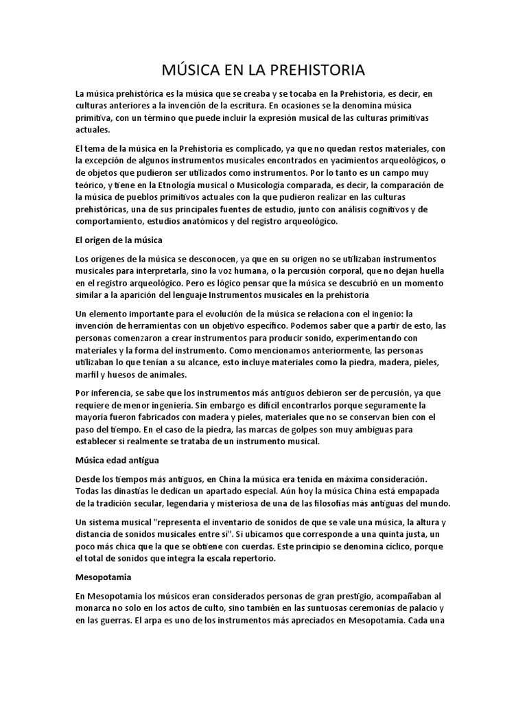 MÚSICA EN LA PREHISTORIA Resumen | PDF | Instrumentos musicales