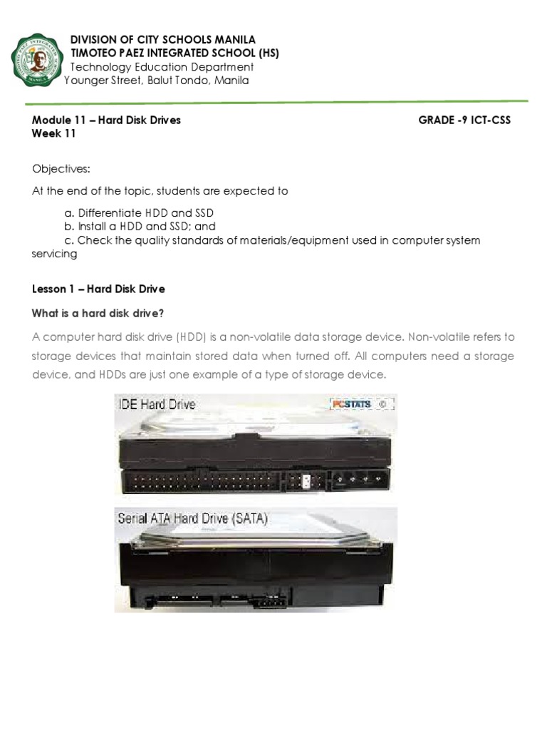 G9 Ict CSS Week 11 Lesson 1 PDF | PDF | Hard Disk Drive | Solid State Drive