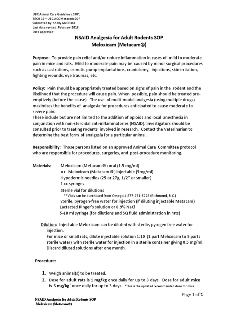 TECH 19 - UBC ACC Metacam SOP (2016) PDF | PDF | Analgesic ...