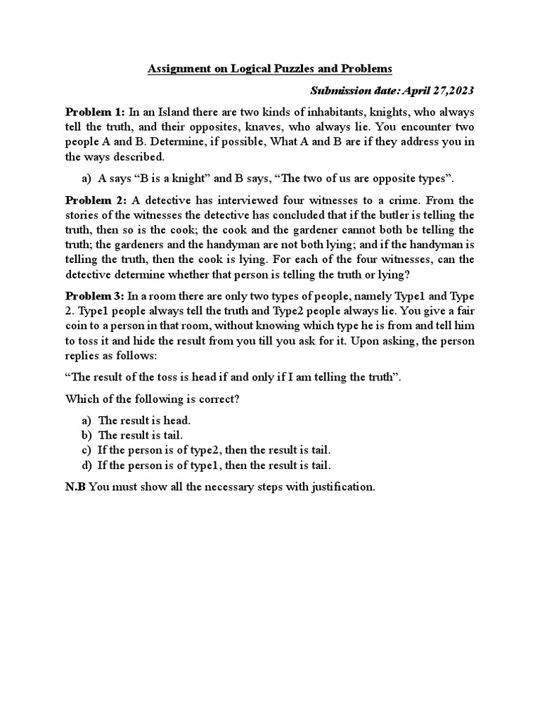 Assignment On Logical Puzzles and Problems PDF | PDF
