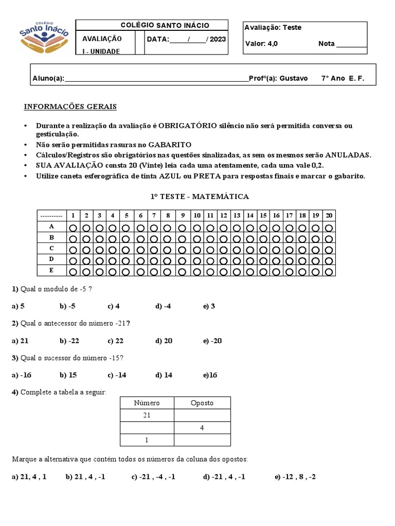 Prova 7°ano | PDF | Matemática