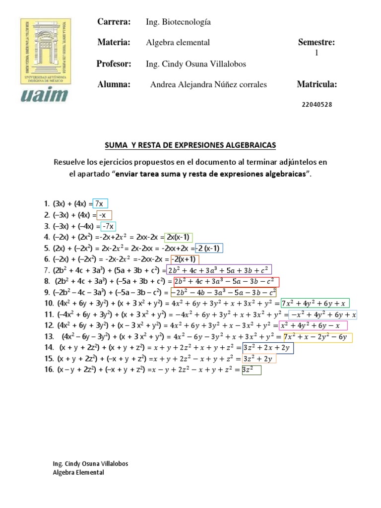 Suma y Resta de Expresiones Algebraicas PDF | PDF