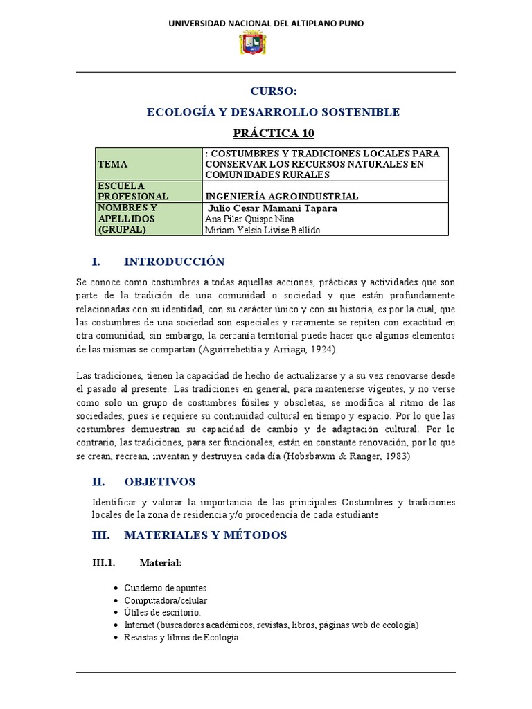 Practica #10 - Costumbres y Tradiciones Locales 20222 | PDF ...