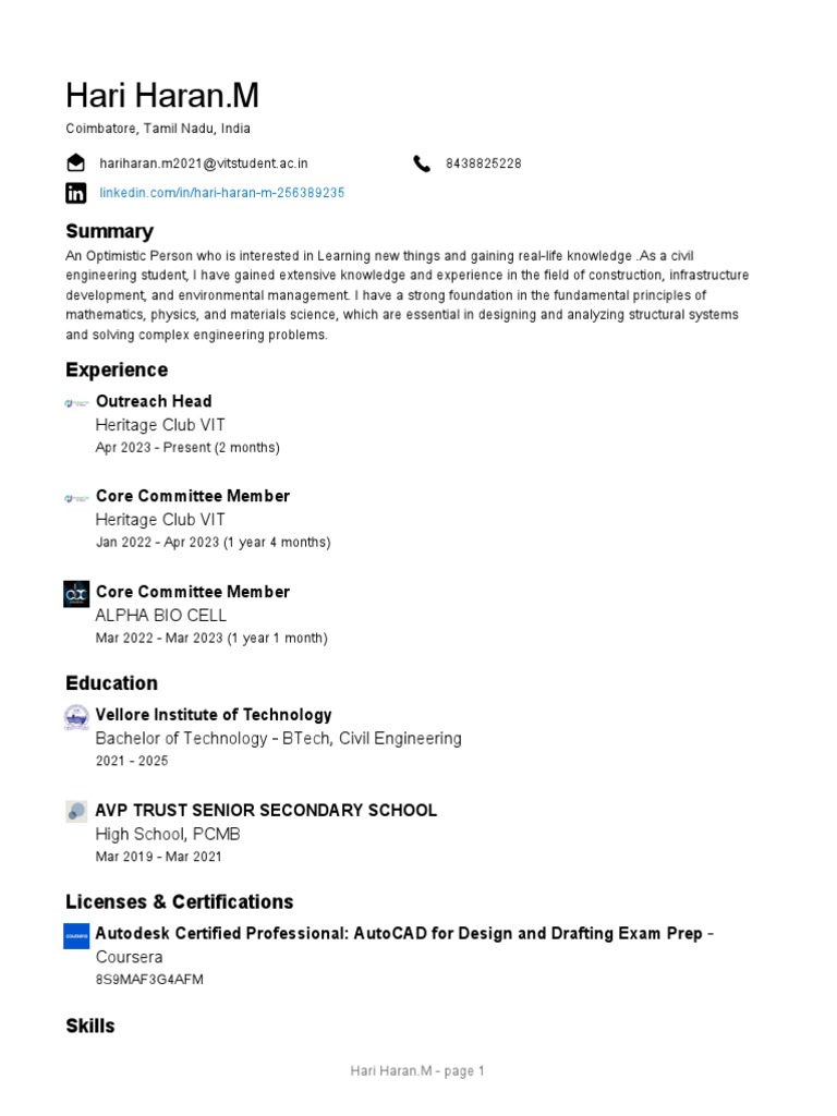 Civil Engineering Student Profile | PDF
