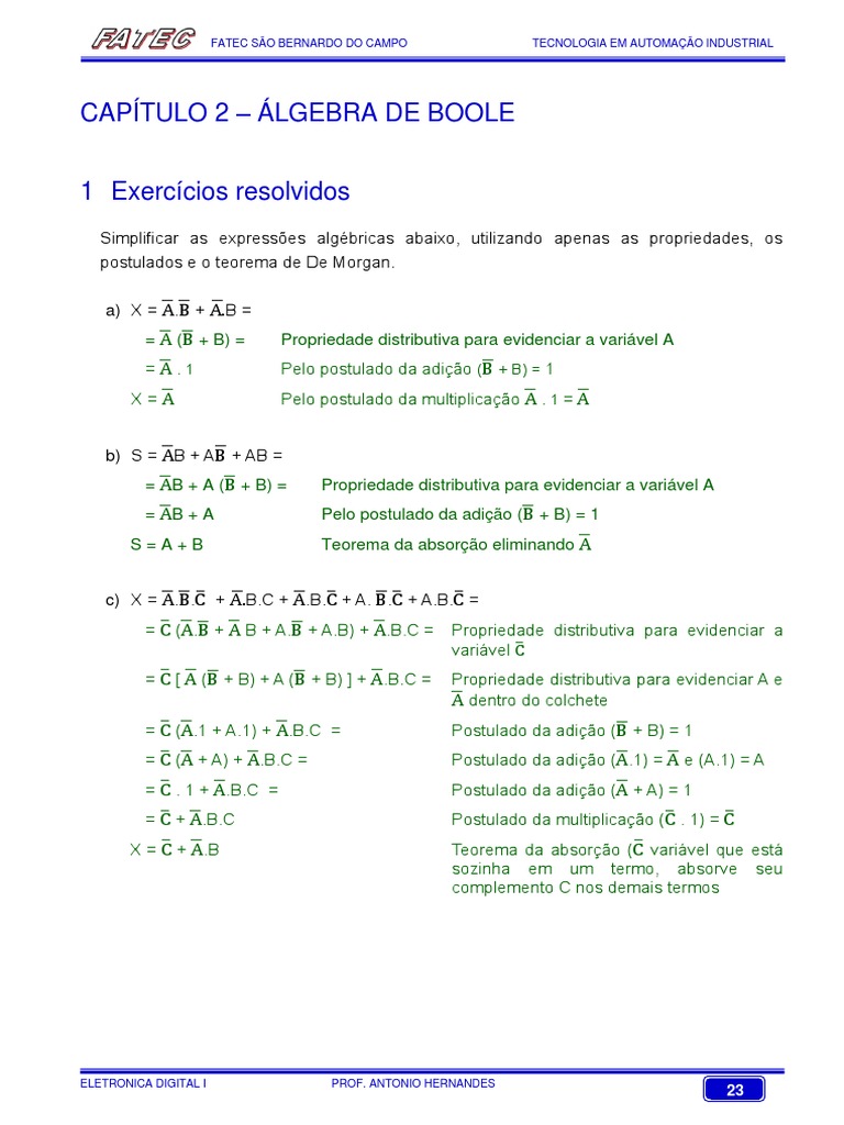 23 - Capítulo 02 - Álgebra de Boole - Exercícios - Vs 27 - 08 - 2019 PDF | PDF