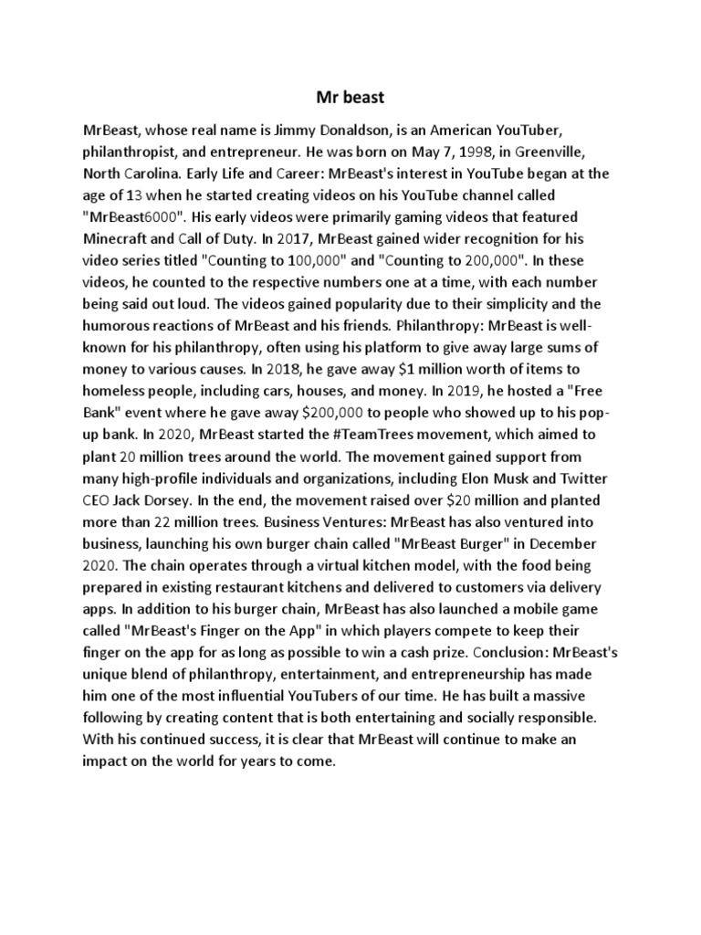 MrBeast: Philanthropist and Entrepreneur | PDF