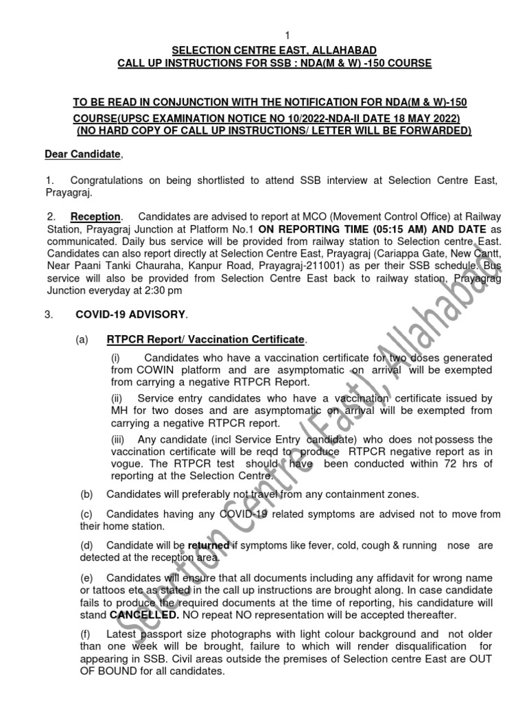 Call Up Letter Sce Allahabad For Nda Men and Women 150 Course | PDF ...