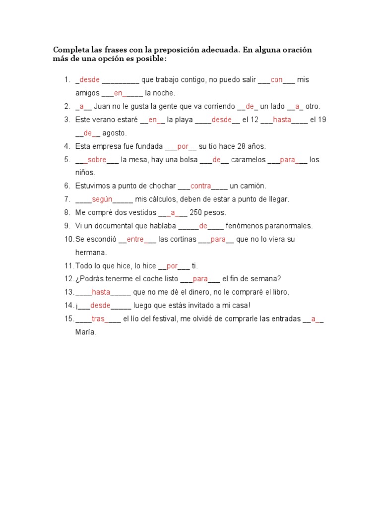 Ejercicio Preposiciones 2 | PDF