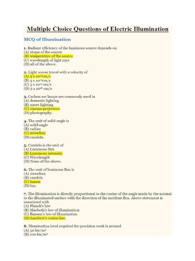Multiple Choice Questions of Electric Illumination PDF | PDF