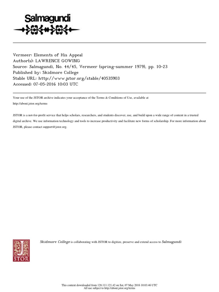 LAWRENCE GOWING - Vermeer - Elements of His Appeal (1979) (Salmagundi 1979-Spr-Sum Iss. 44-45 ...