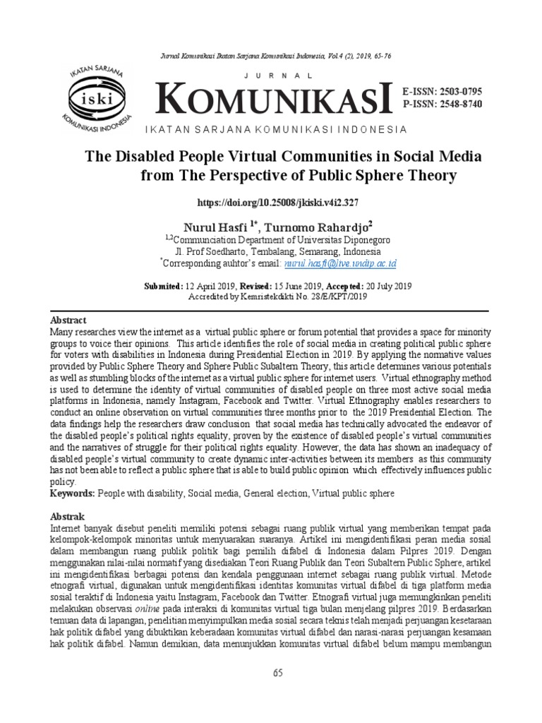 Hasfi and Rahardjo-2019 - The Disabled People Virtual Communities in Social Media PDF | PDF ...