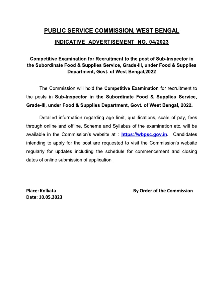 WBPSC Food SI Notice PDF | PDF