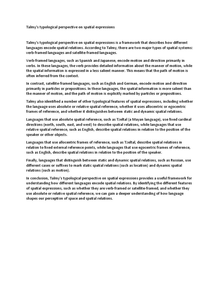 Talmy's Typological Perspective On Spatial Expressions | PDF | Linguistics | Cognitive Science