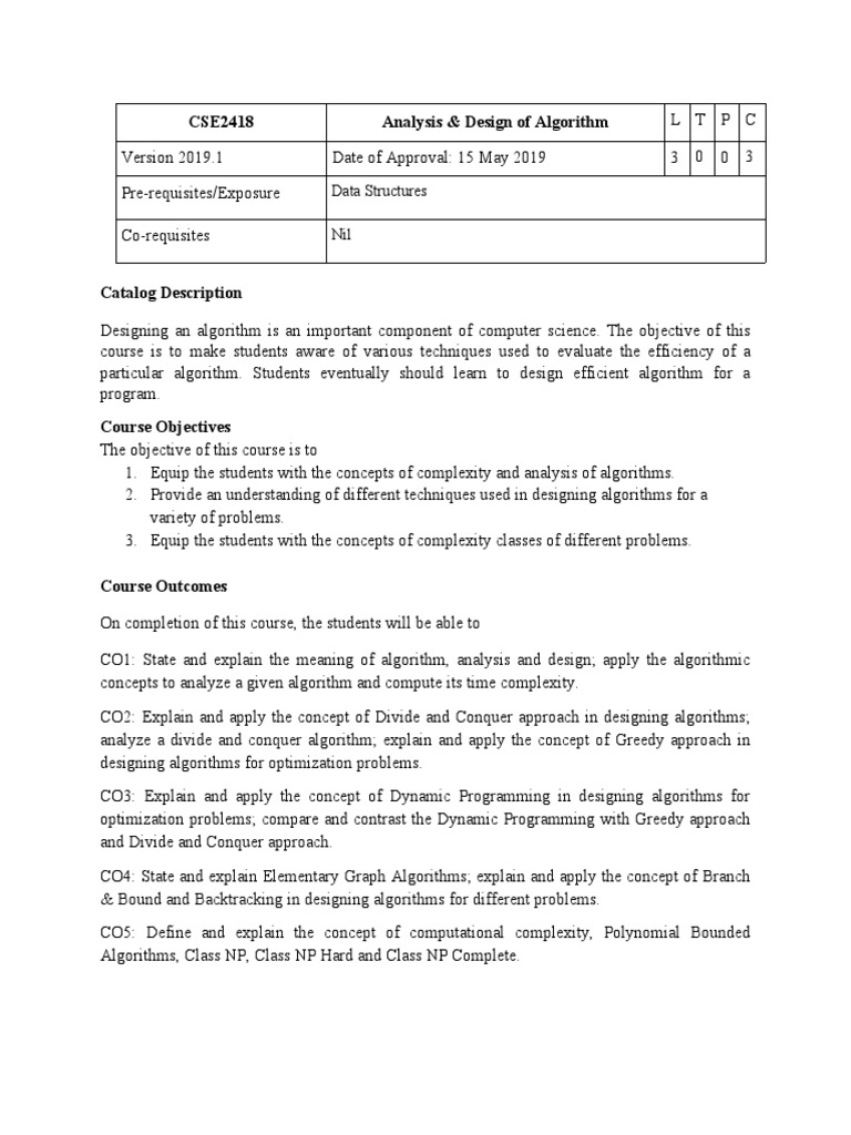 CSE 2418 ADA Syllabus | PDF | Computational Complexity Theory | Dynamic Programming