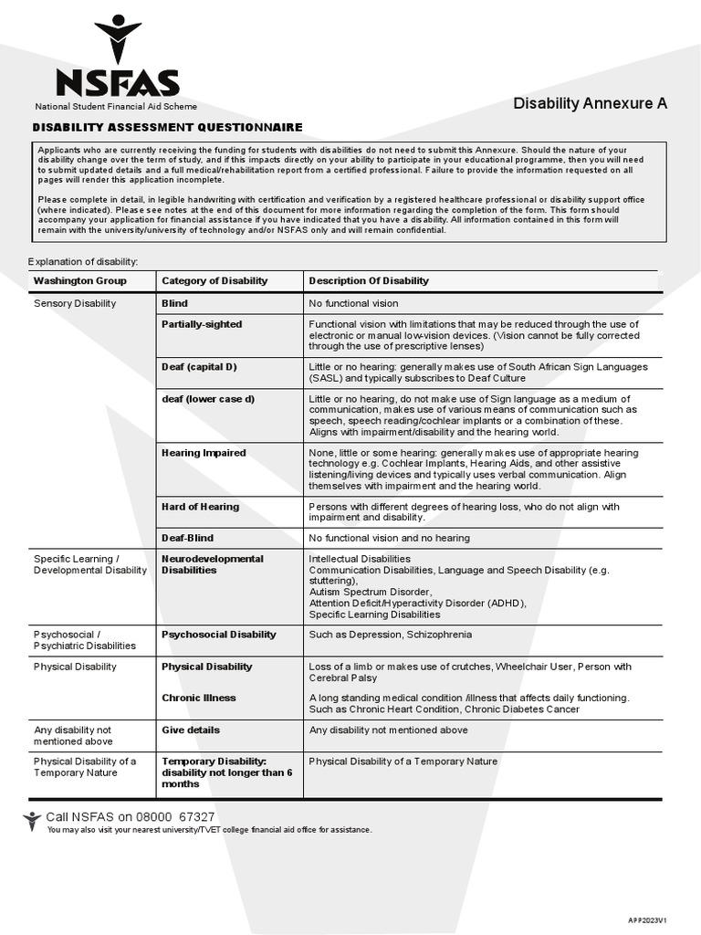 NSFAS Disability Annexure A - 2023 | PDF | Disability | Deafness