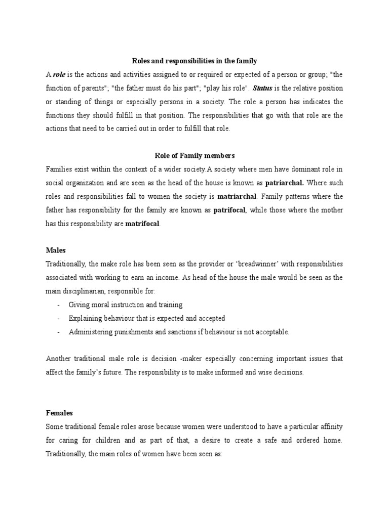 Roles and Responsibilities in The Family | PDF | Family | Interpersonal ...