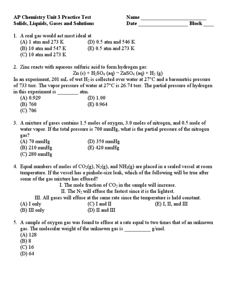 Unit 3 Practice Test PDF | PDF | Precipitation (Chemistry) | Gases
