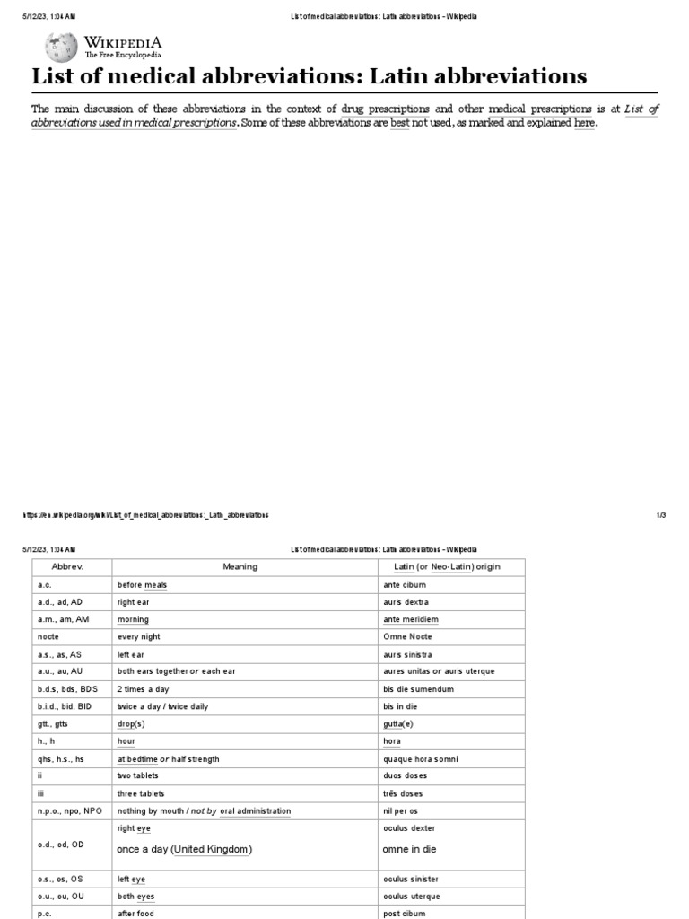 List of Medical Abbreviations - Latin Abbreviations - Wikipedia | PDF ...