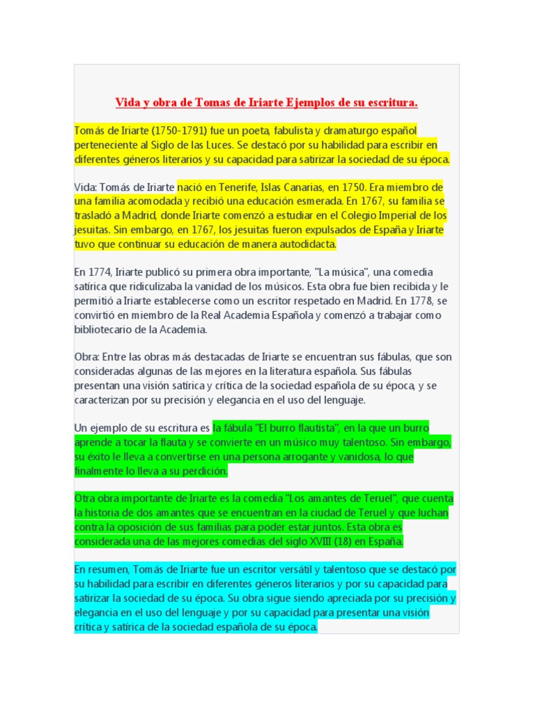 Vida y Obra de Tomas de Iriarte Ejemplos de Su Escritura | PDF