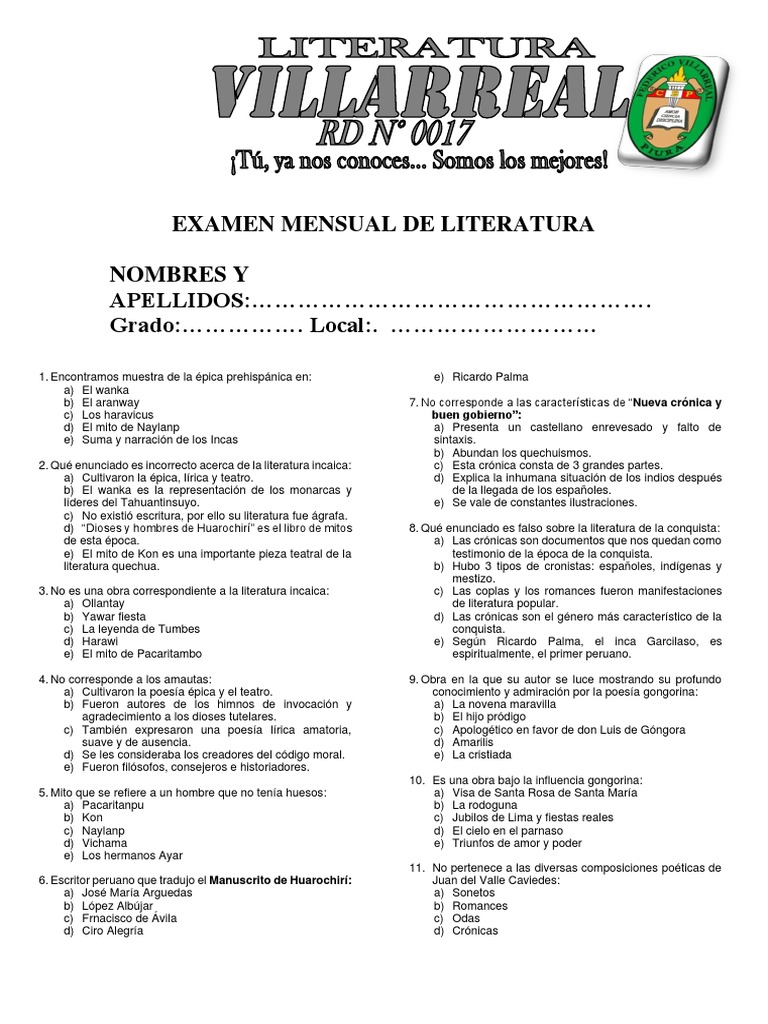 Examen Julio Literatura | PDF | Imperio Inca | Perú