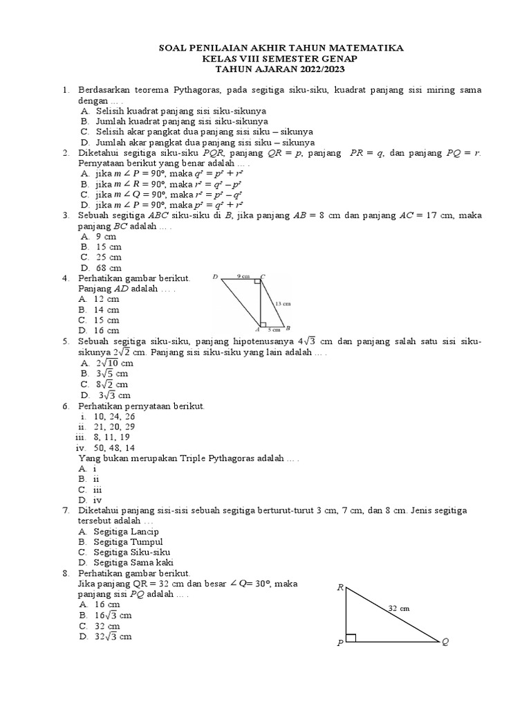 Soal PAT Matematika Kelas 8 TA 2022-2023 | PDF