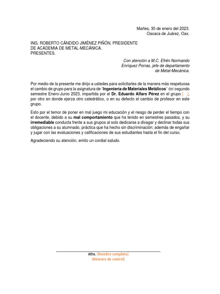 Solicitud Cambio de Profesor | PDF