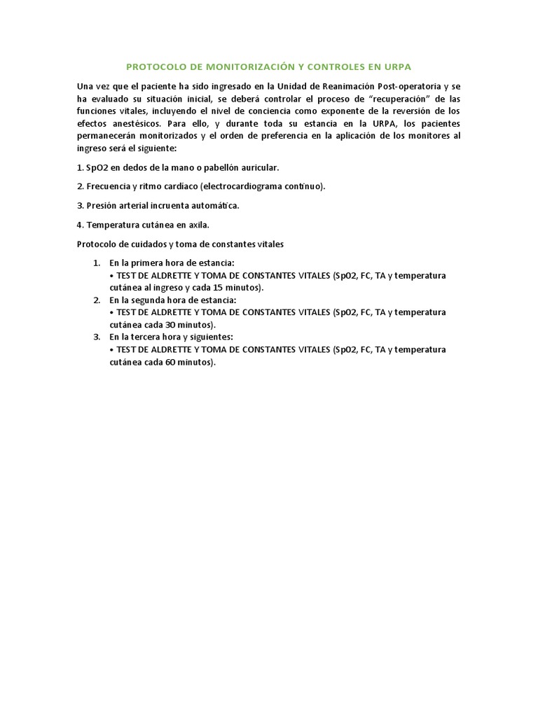 Protocolo Test de Aldrete en URPA | PDF | Anestesia | Medicina